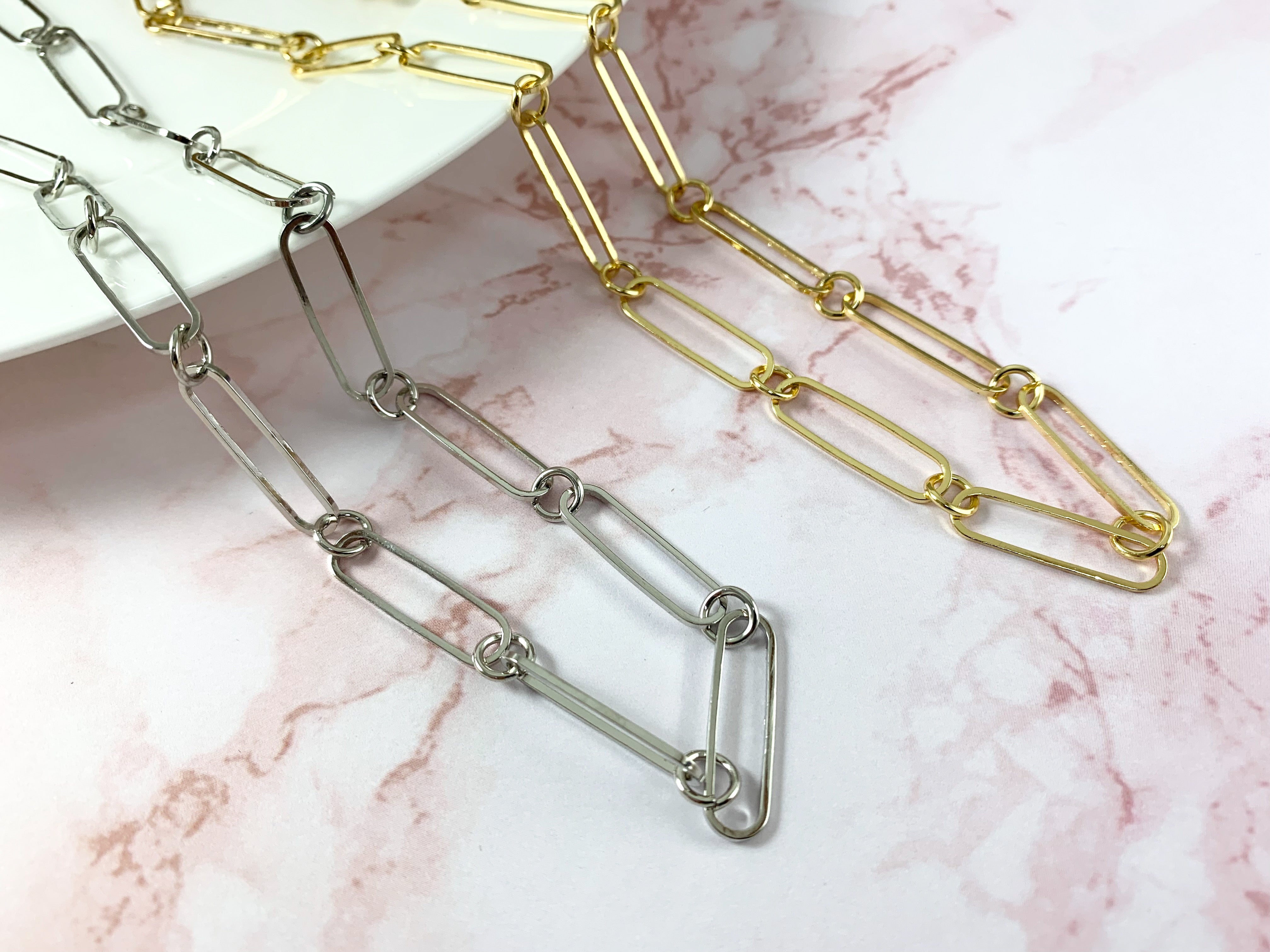 Real 18K Gold/Platinum Plated Large Thin Flat Paperclip Chain with Cir ...